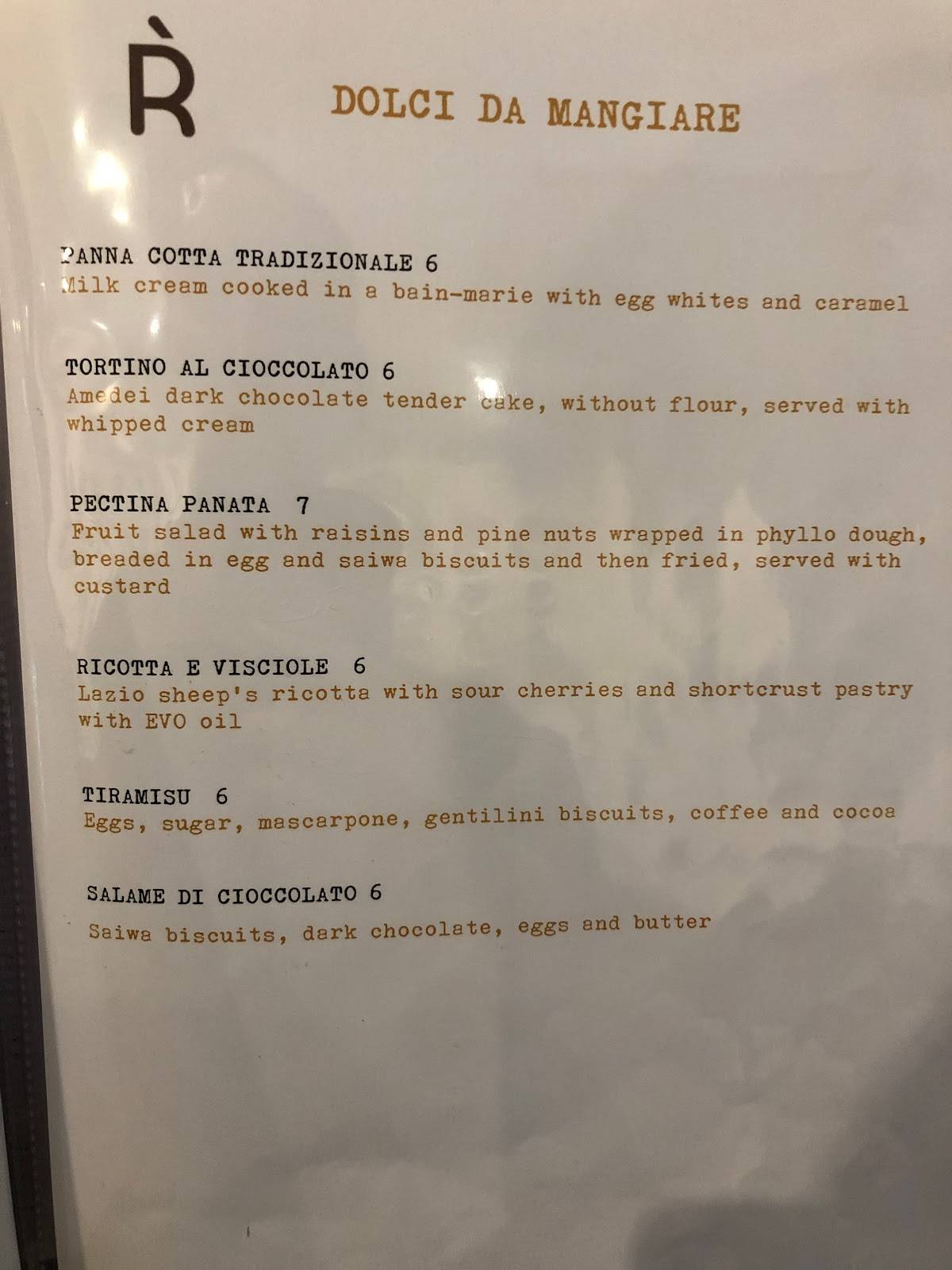 Menu da Romanè ristorante, Roma, Via Cipro