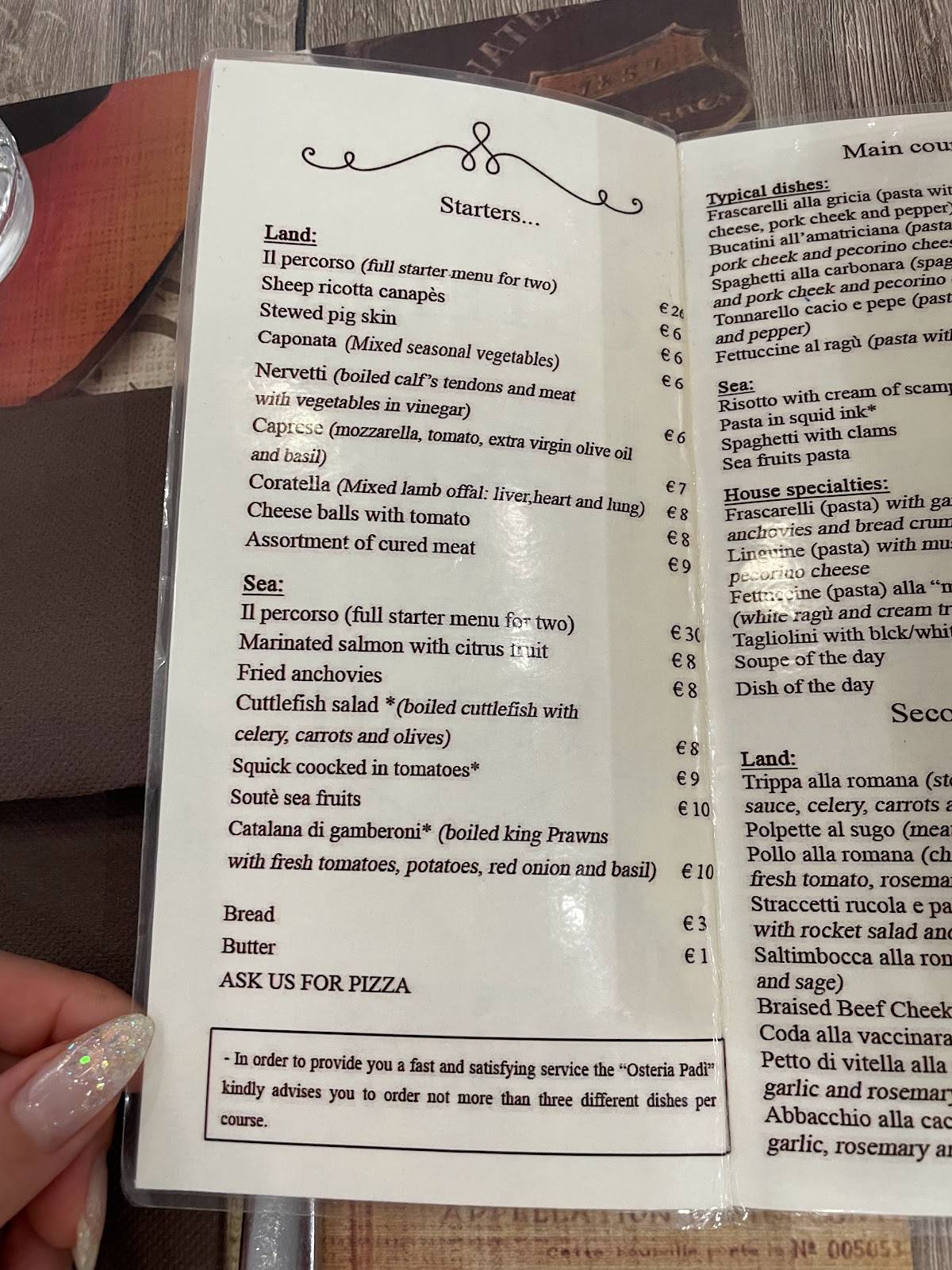 Menu at Osteria Padì restaurant, Rome