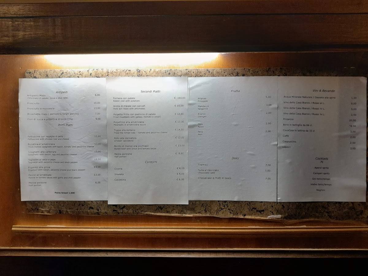 Menu at Trattoria Lilli restaurant, Rome
