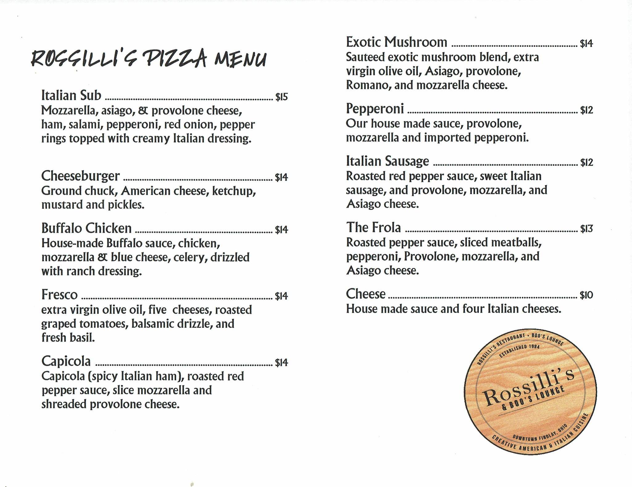 Menu at Rossilli's Restaurant, Findlay