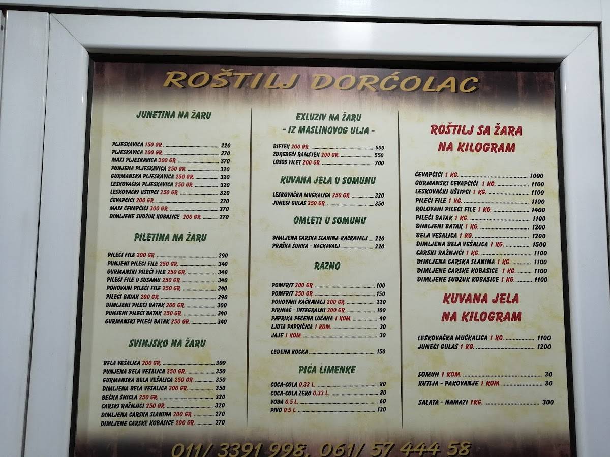 Menu at Roštilj Kod Pobratima restaurant, Belgrade, Venizelosova 15A