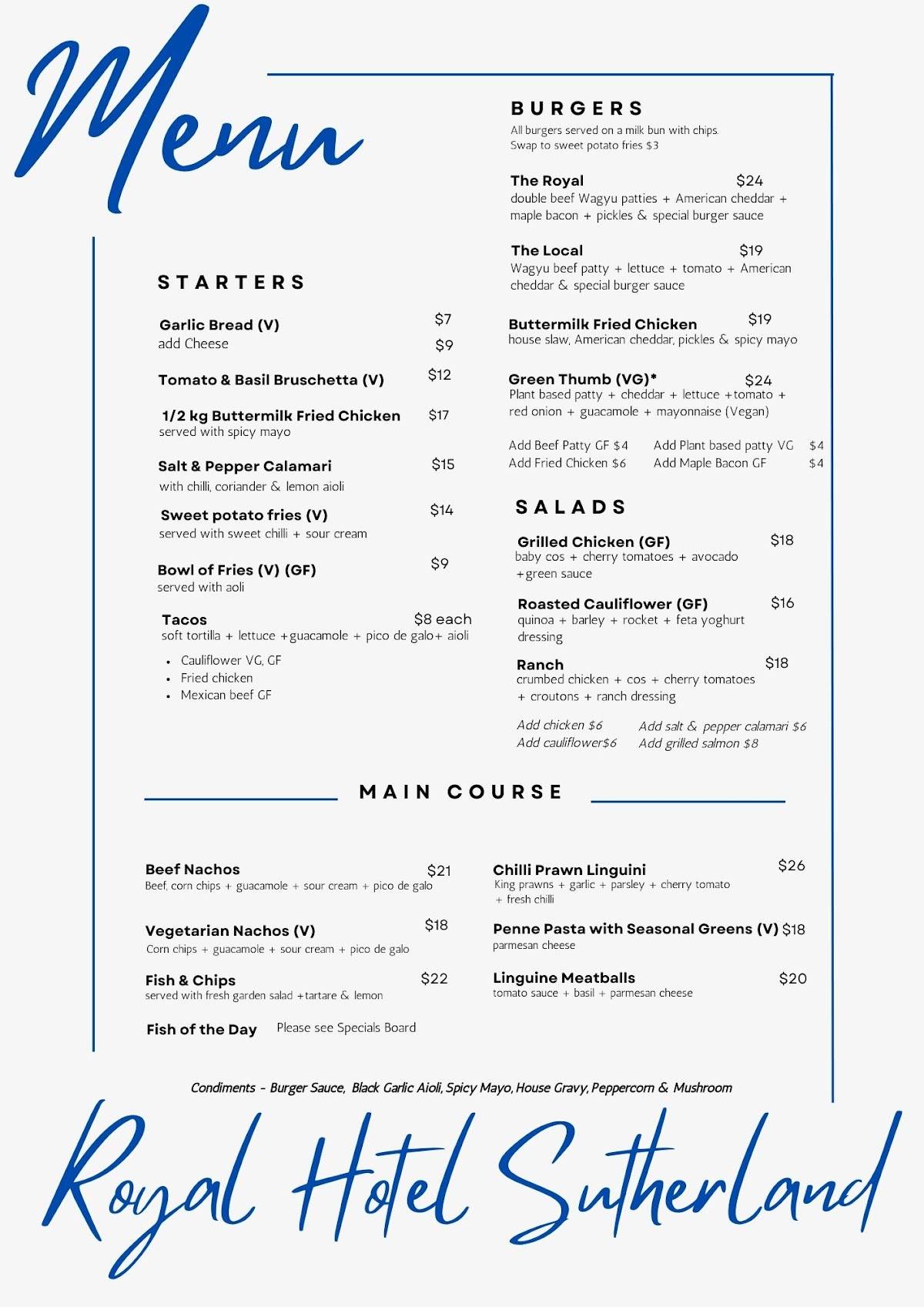 Menu at Royal Hotel Sutherland pub & bar, Sutherland