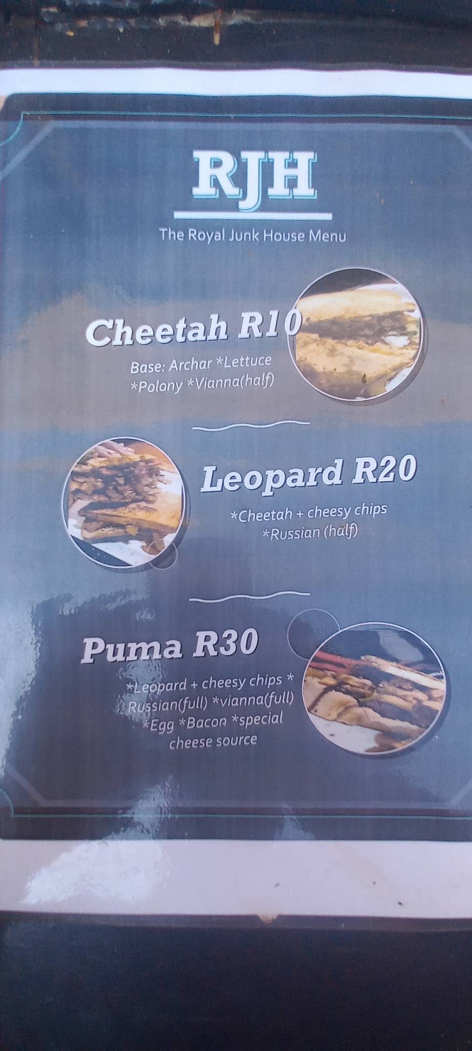 Menu at Royal House restaurant, South Africa