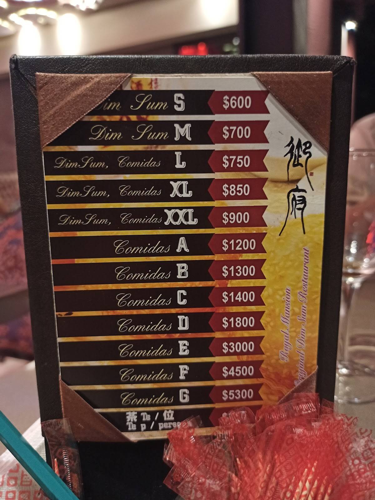 Carta del restaurante Royal Mansion, Buenos Aires