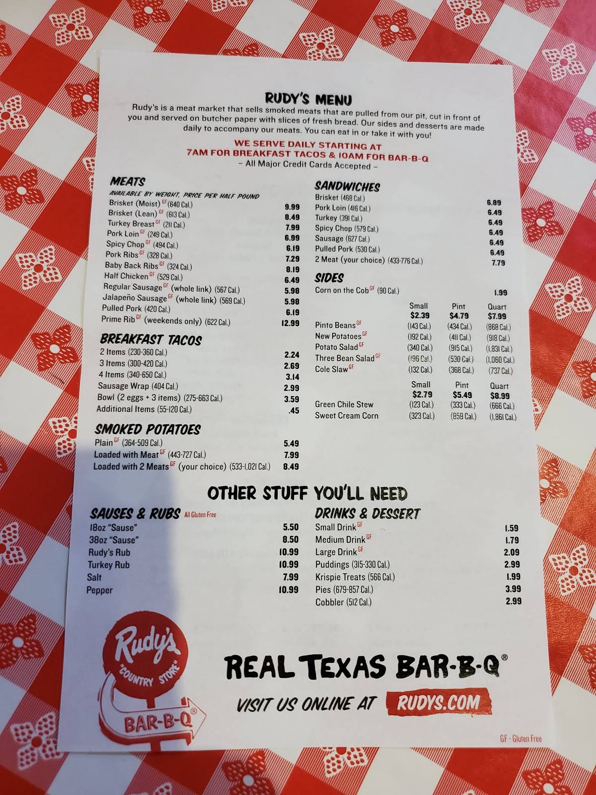 Menu at Rudy's "Country Store" and Bar-B-Q, Conroe
