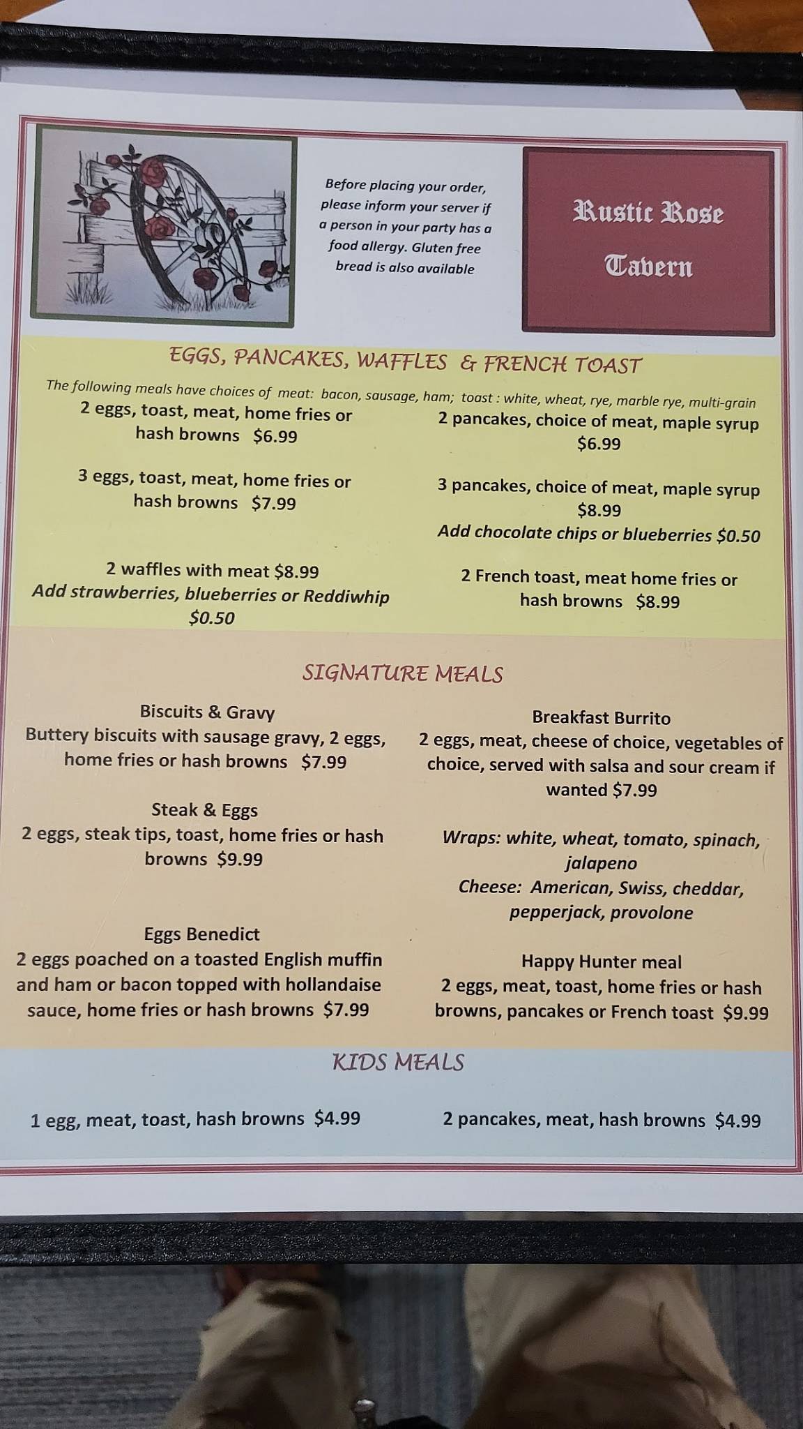 Menu at Rustic Rose Tavern restaurant, Henniker