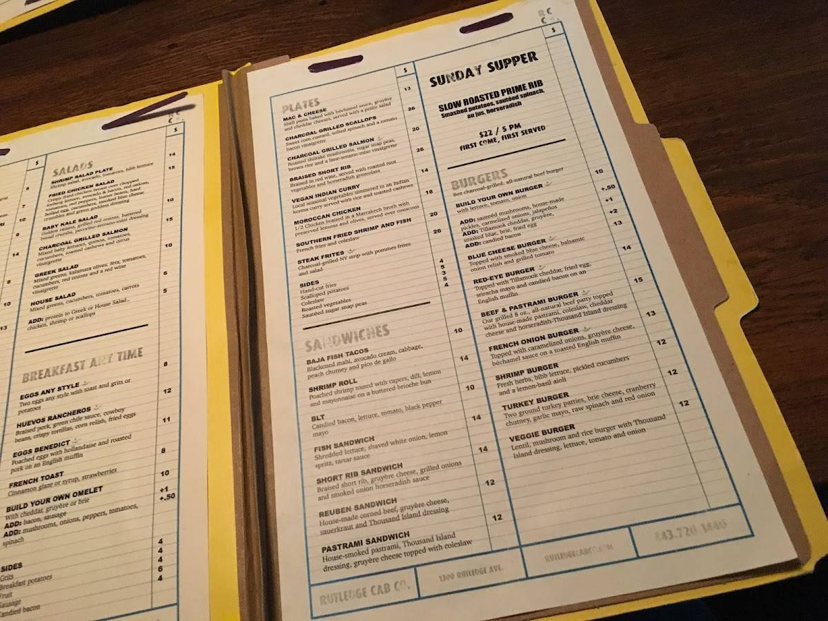 Menu at Rutledge Cab Company restaurant, Charleston
