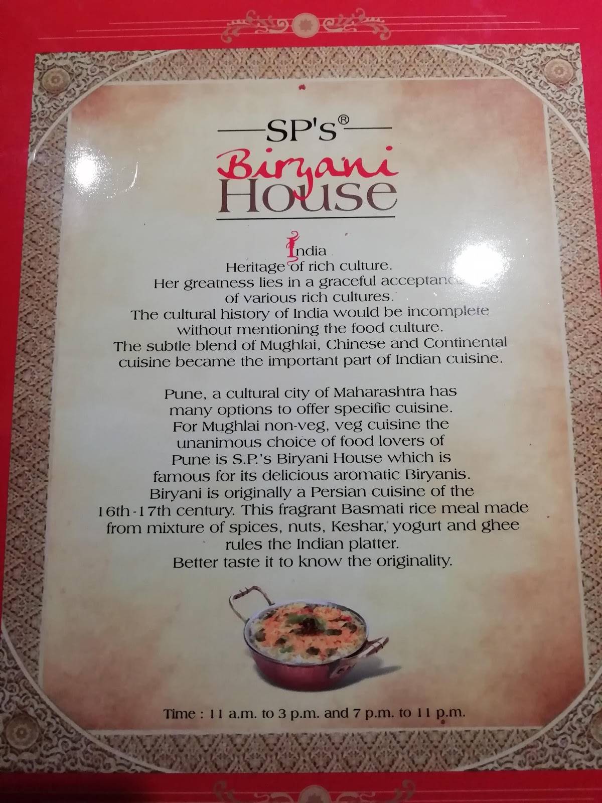Menu at SP's Biryani House, Pune