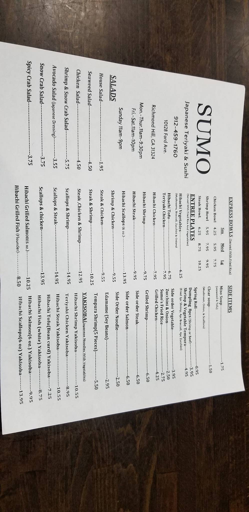 Menu at SUMO - Japanese Teriyaki & Sushi restaurant, Richmond Hill