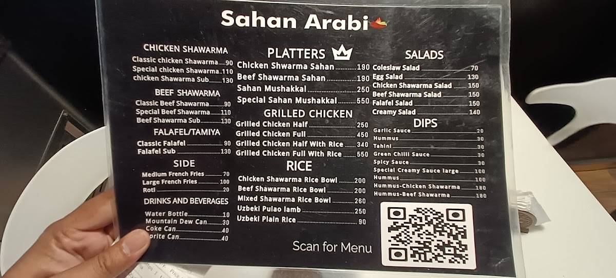 Menu at Sahan Arabi, Hyderabad