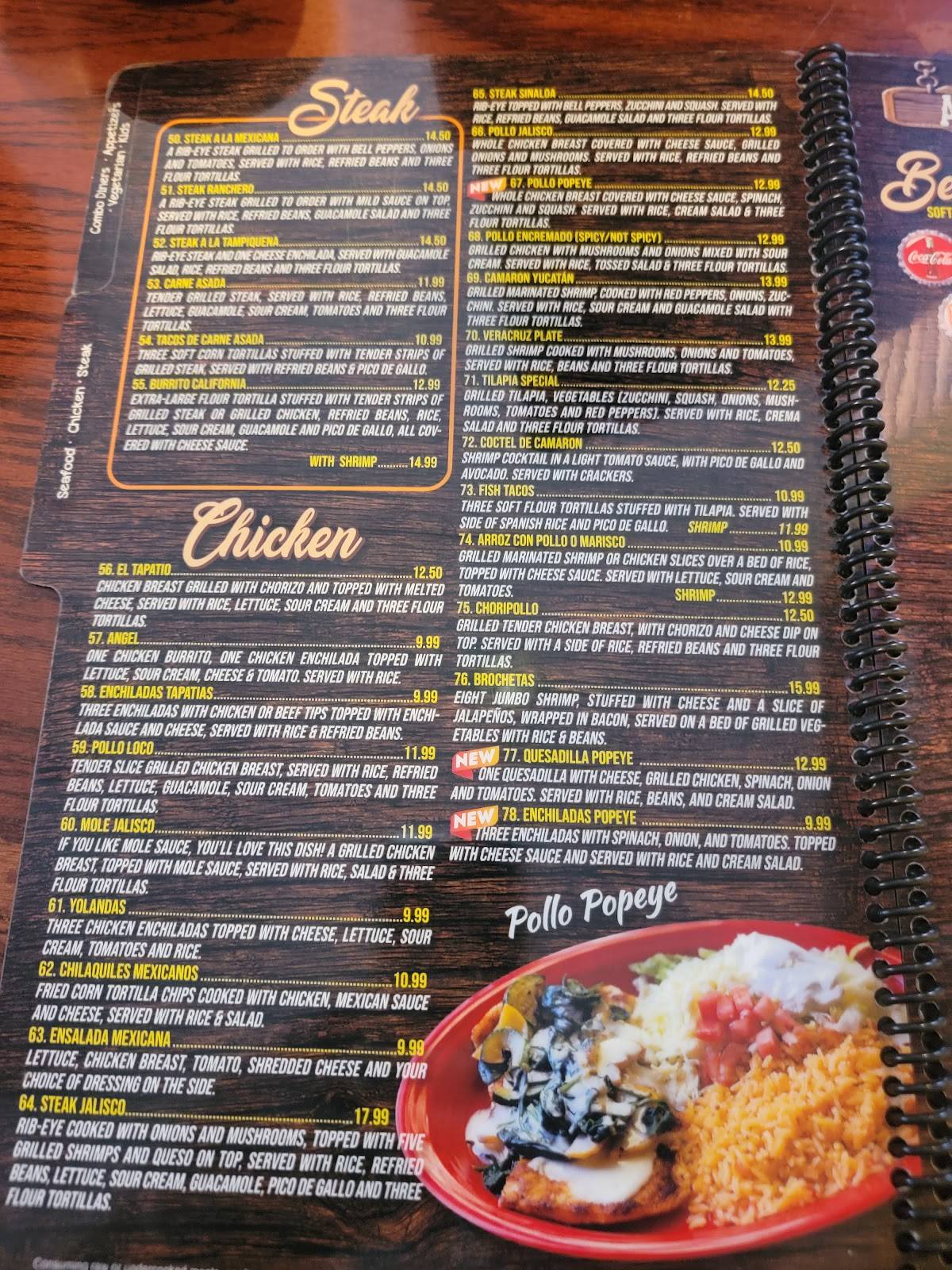 Menu at Jalisco's restaurant, Salem
