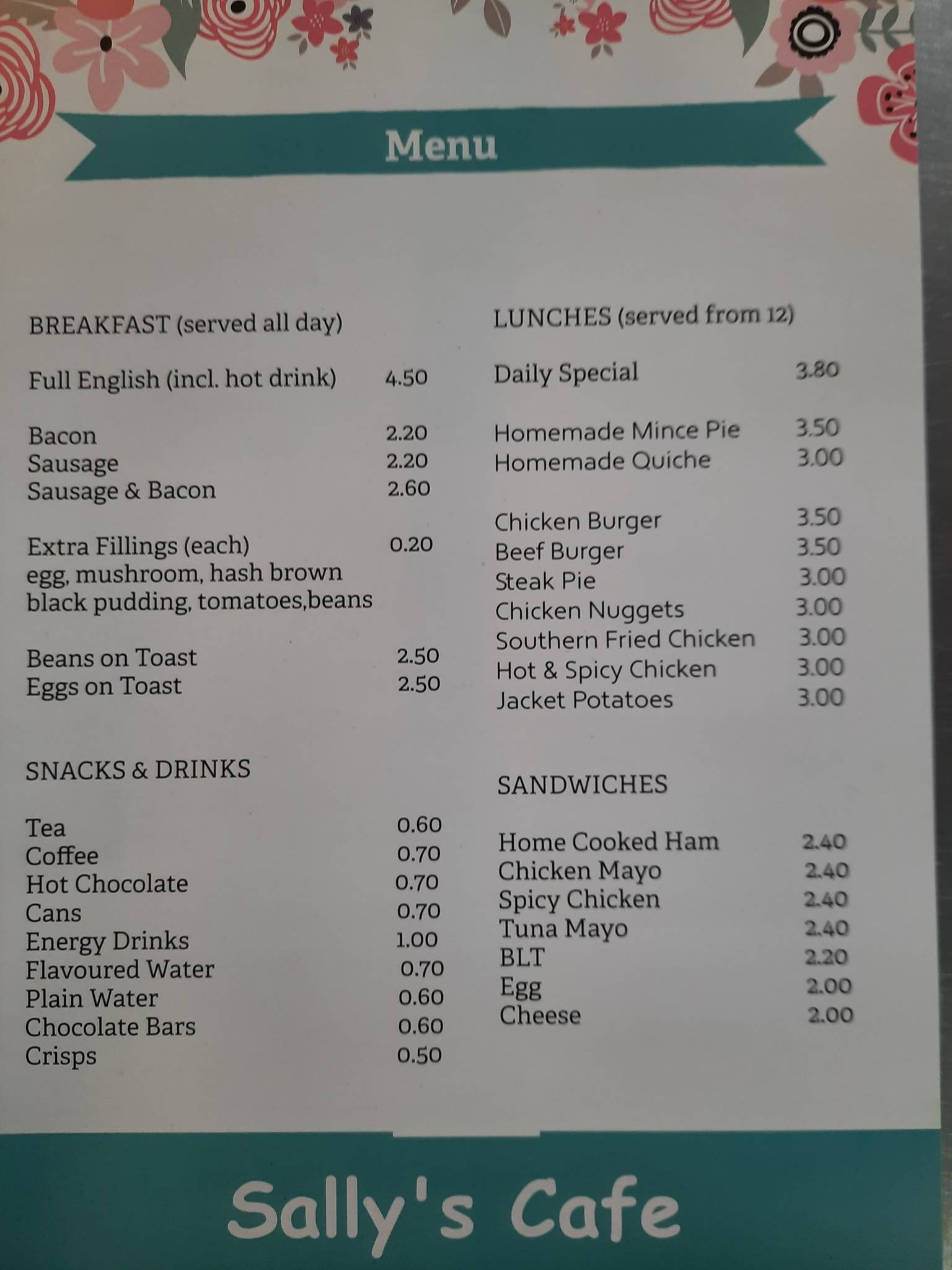 Menu at Sally's Cafe, Middlesbrough