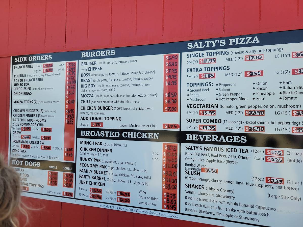 Menu at Salty's Drive Inn pub & bar, Winnipeg Beach
