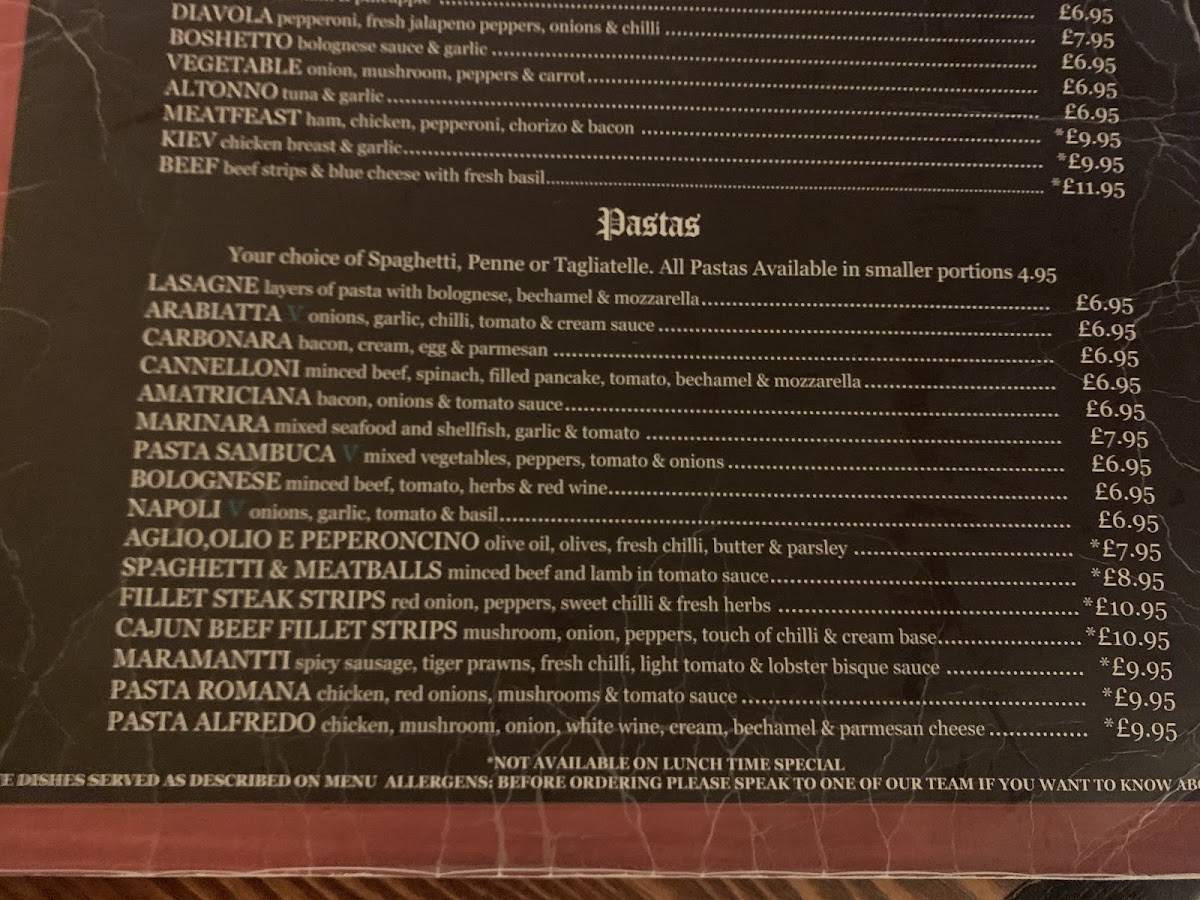 Menu at Sambuca Metrocentre restaurant, Newcastle upon Tyne, A695