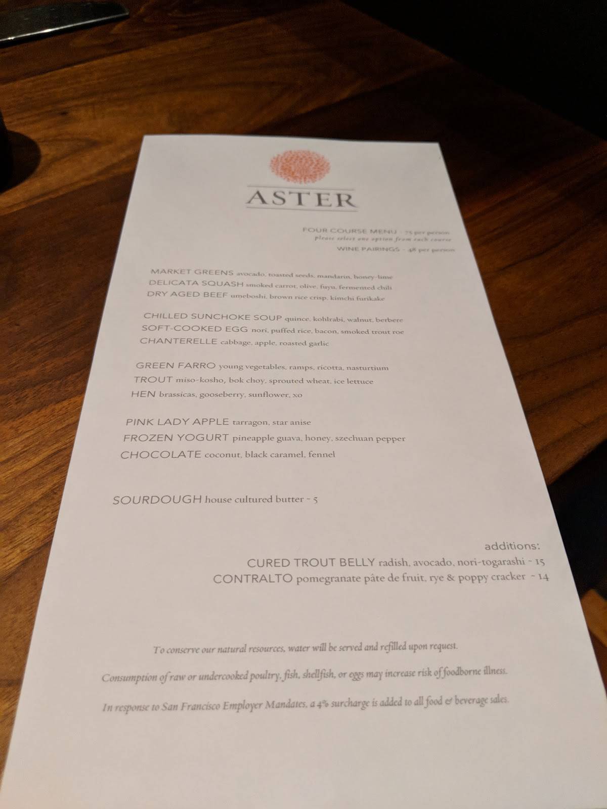 Menu at Aster restaurant, San Francisco