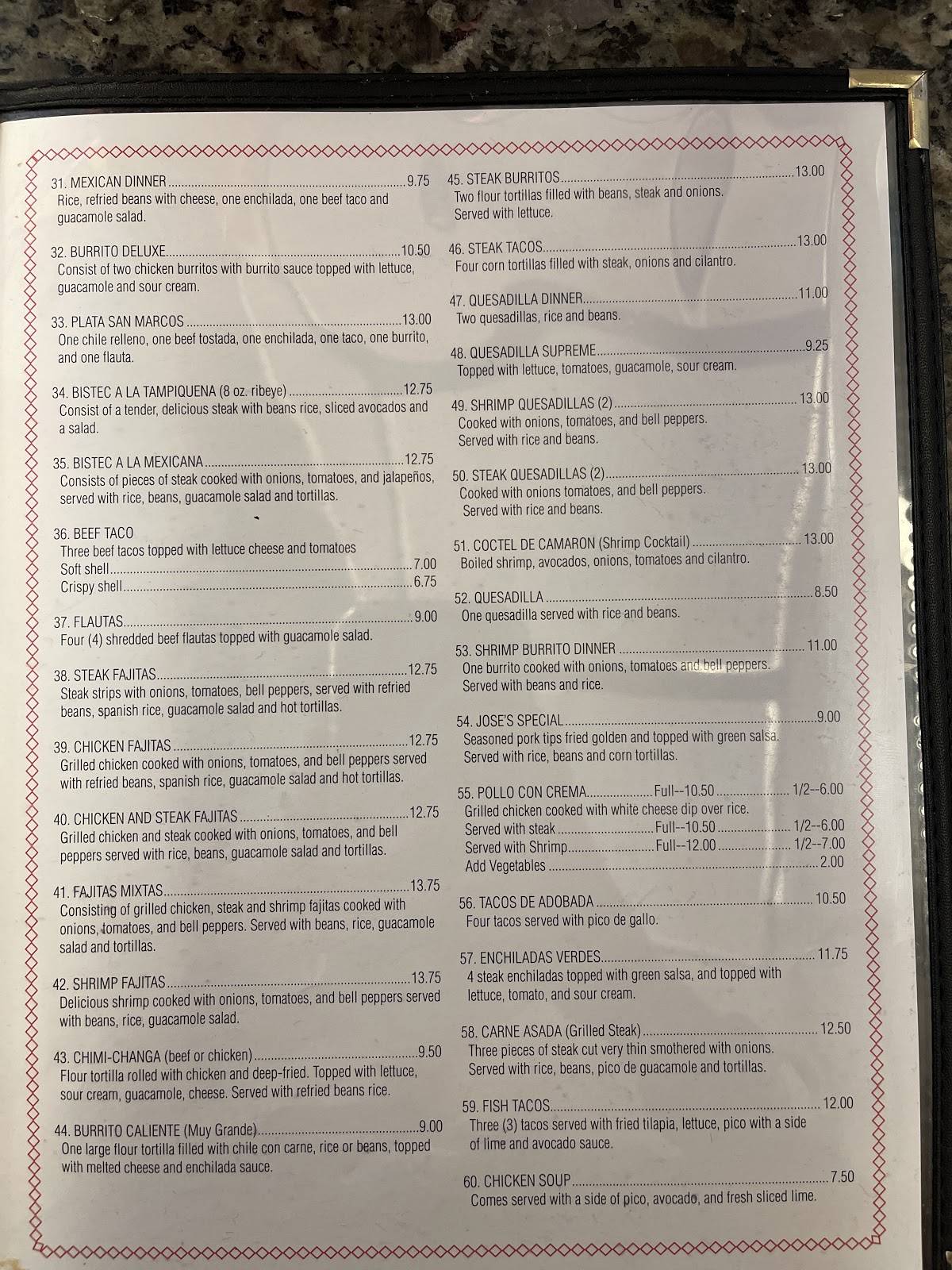 Menu at San Marcos Mexican Restaurant, Pine Mountain
