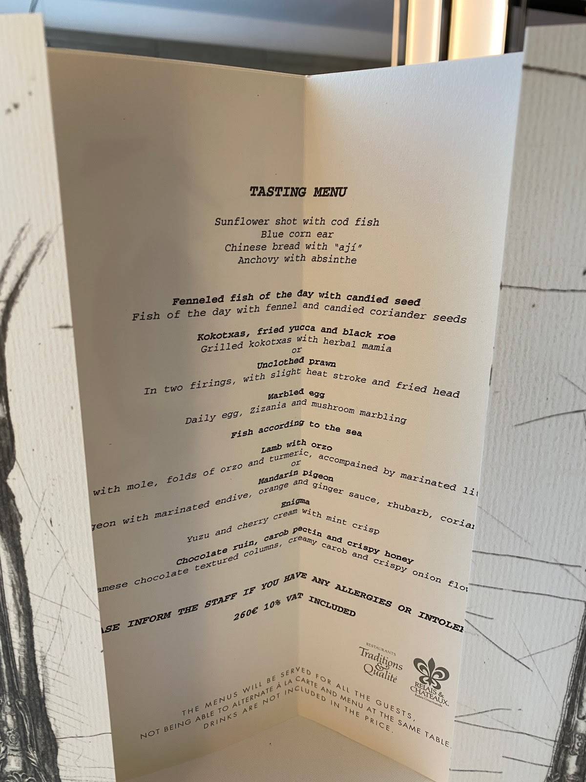 Menu at Arzak restaurant, San Sebastián, Alcalde J. Elosegi Hiribidea
