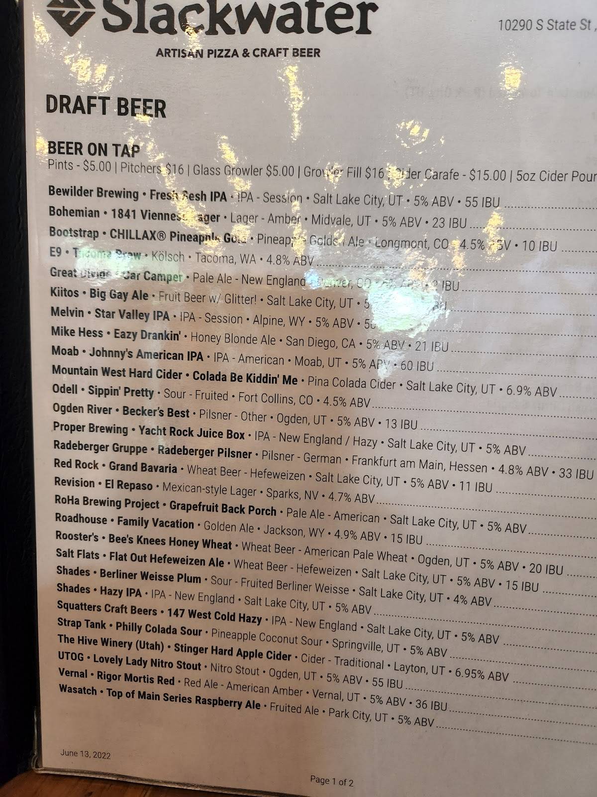 Menu at Slackwater Sandy pub & bar, Sandy