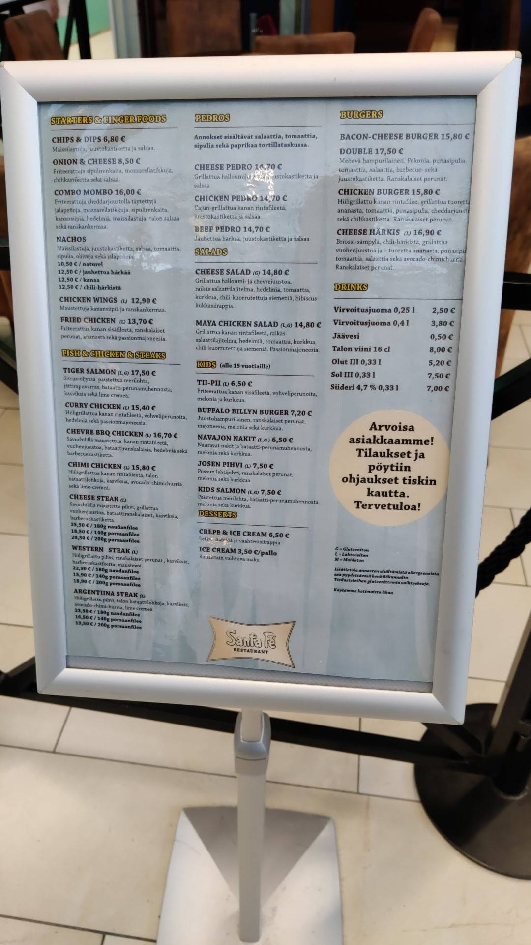Menu at Santa Fe Express Karisma restaurant, Lahti