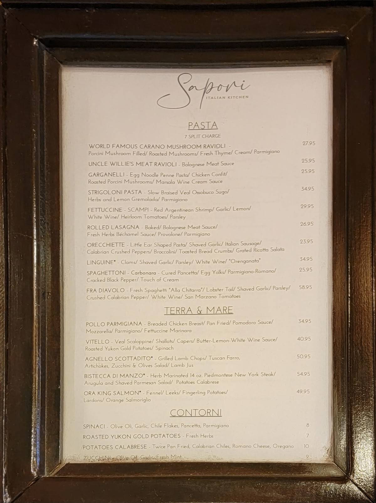Menu at Sapori Italian Kitchen at Harrah's Lake Tahoe restaurant, Stateline