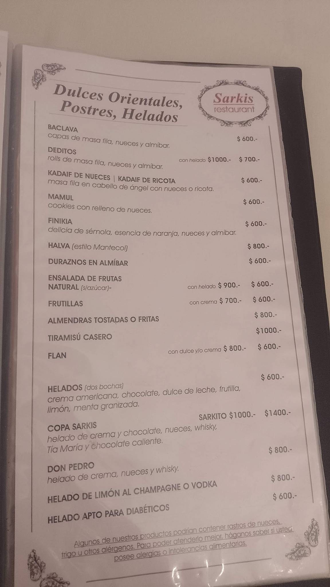 Carta del restaurante Sarkis, Buenos Aires