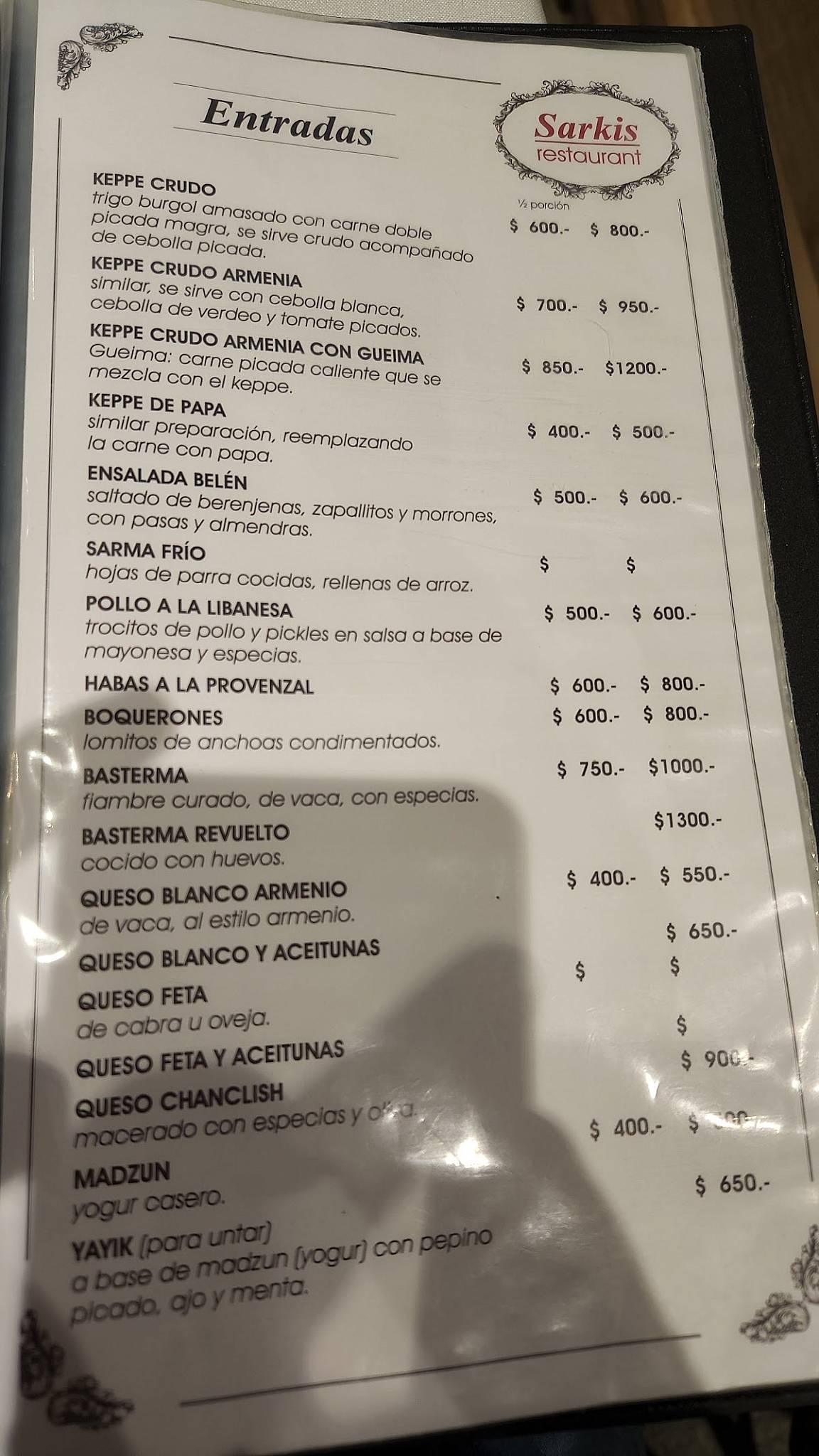 Carta del restaurante Sarkis, Buenos Aires