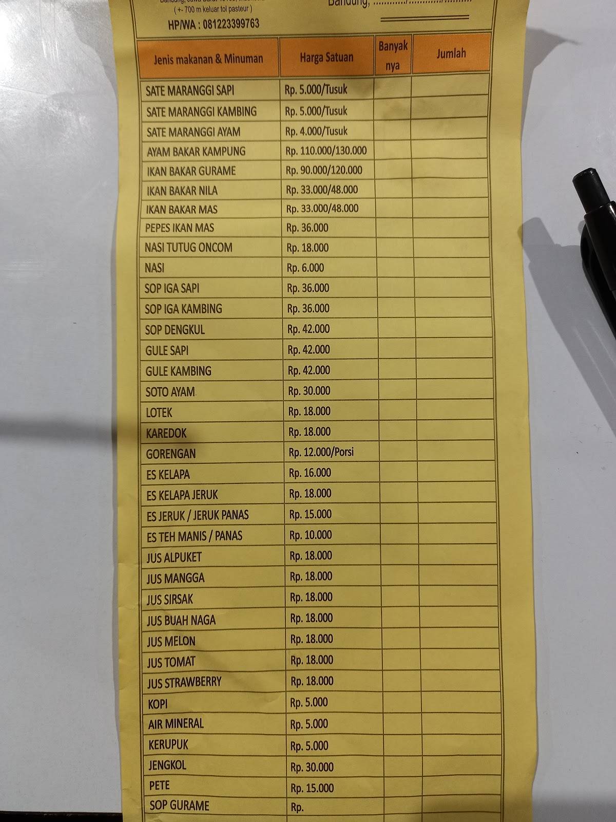 Menu at Sate Maranggi dan Sop Hj. Maya Pasteur restaurant, Bandung