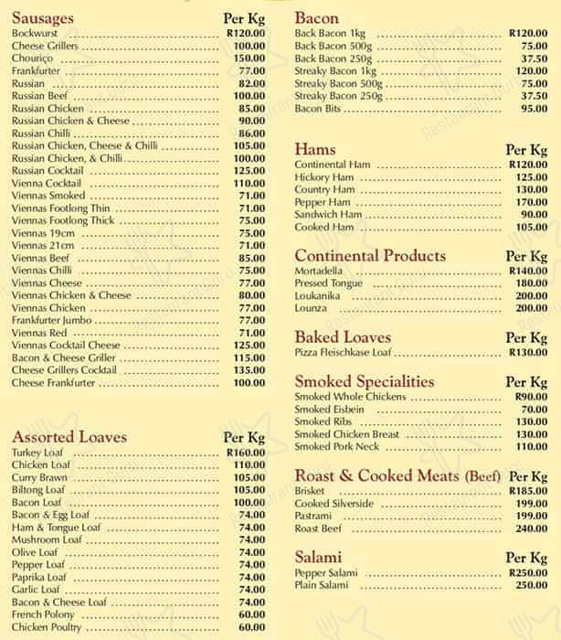 Menu at Satellite Food Emporium & Bakery, Boksburg