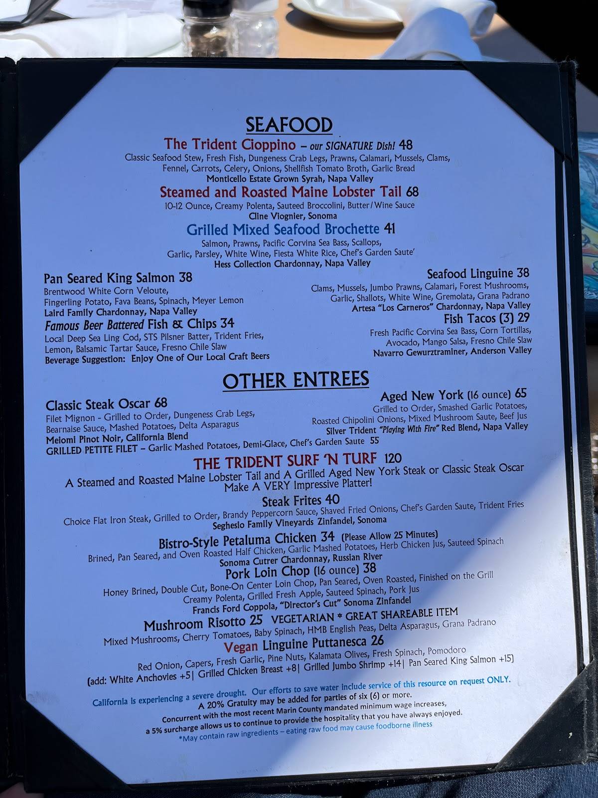 Menu at The Trident restaurant, Sausalito