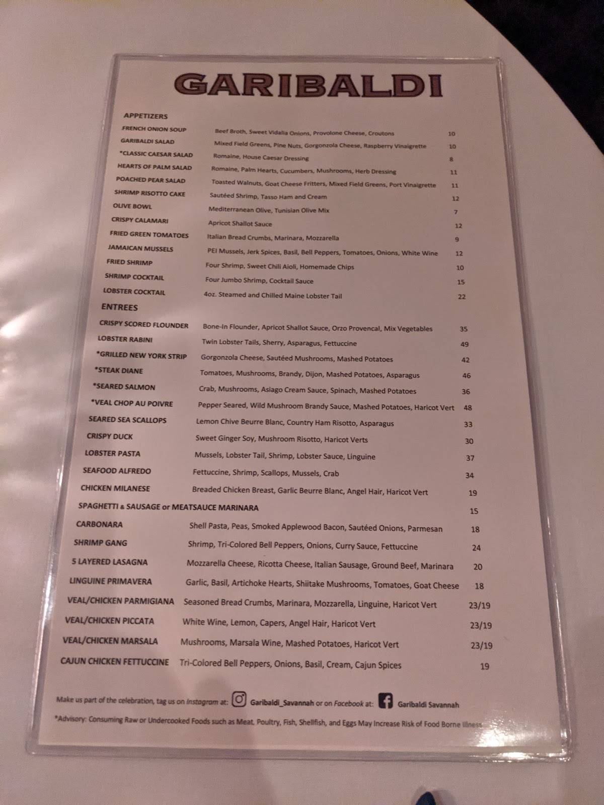 Menu at Garibaldi's Savannah cafe, Savannah