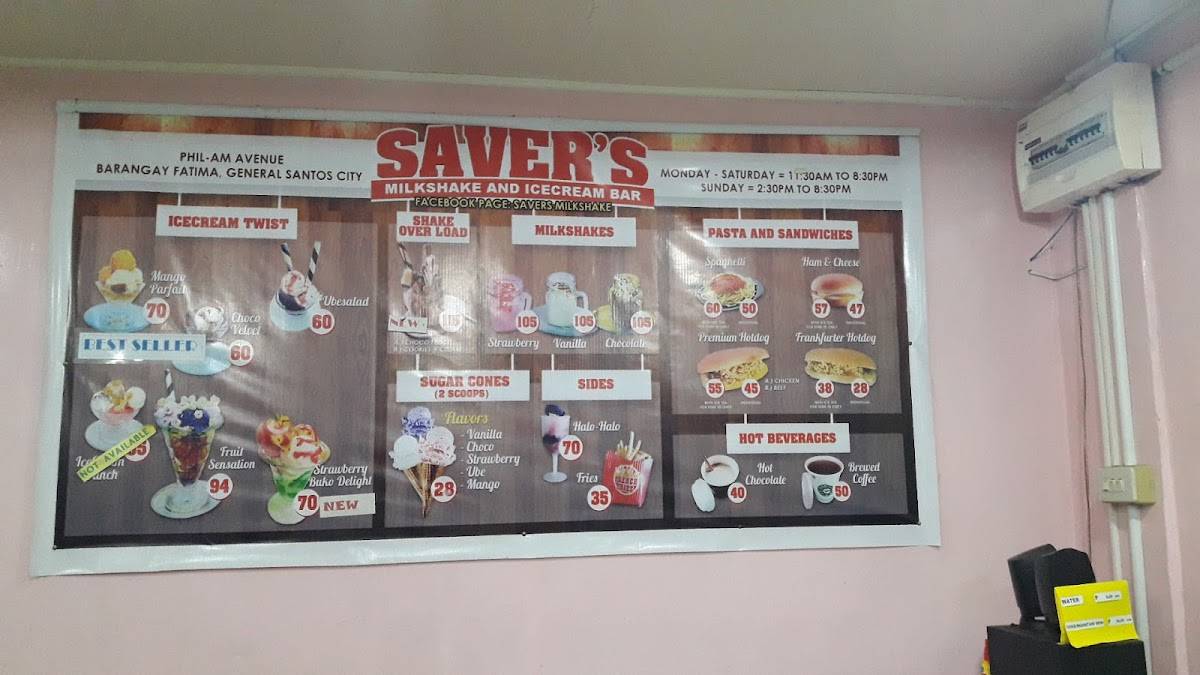 Carta de Saver's Milkshake and Ice Cream Bar, General Santos, 34G9+HF4