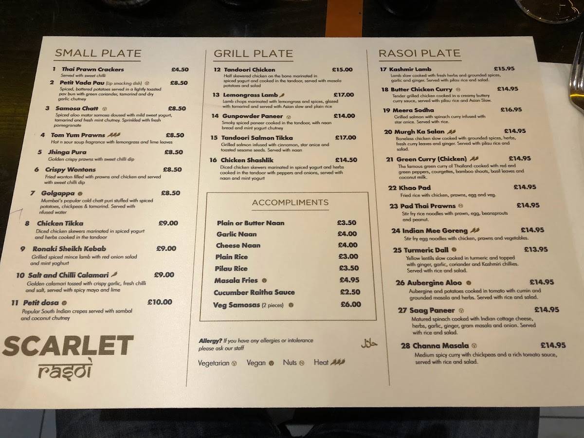 Menu at Scarlet Rasoi restaurant, London, The O2