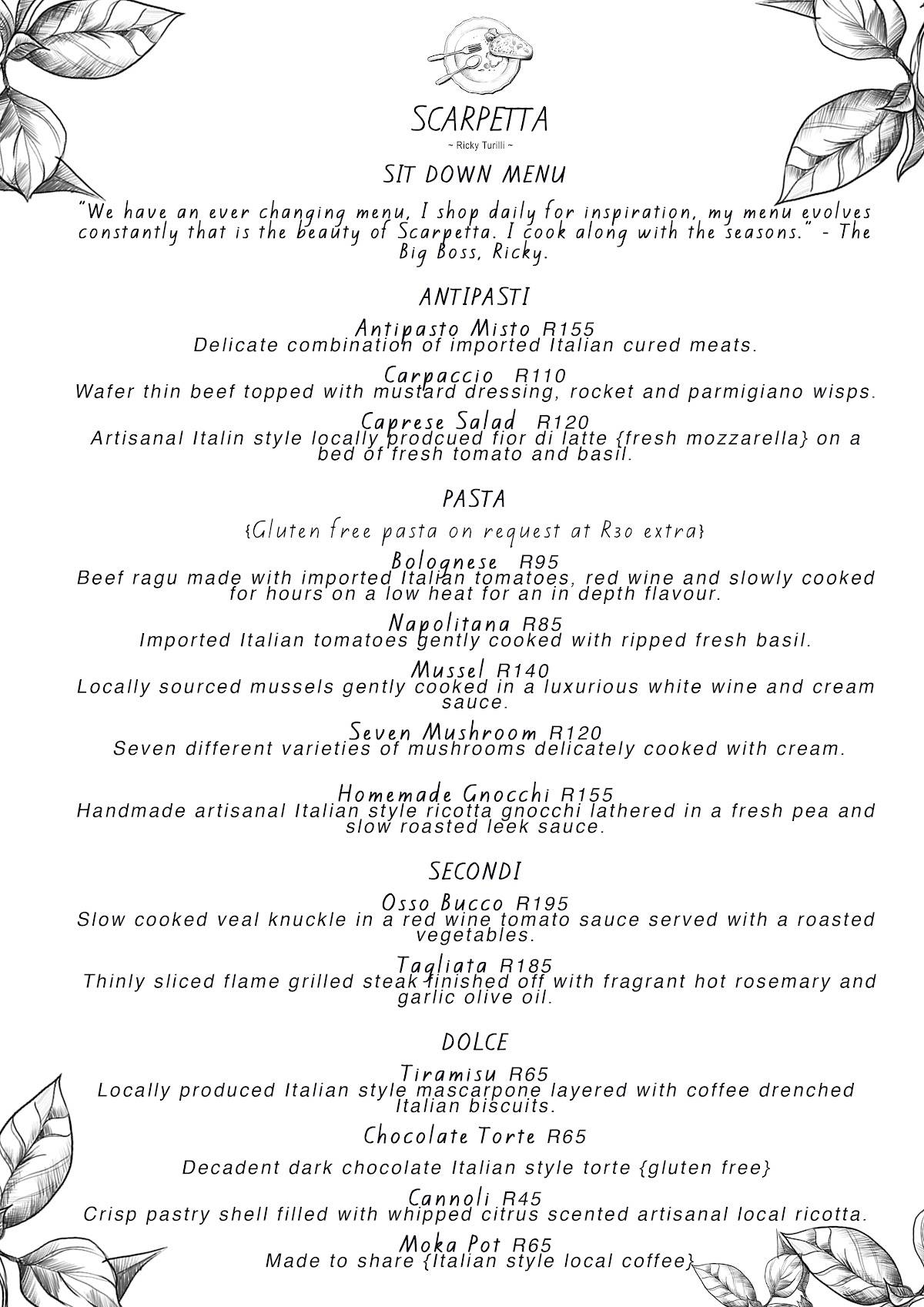 Menu at Scarpetta restaurant, Cape Town