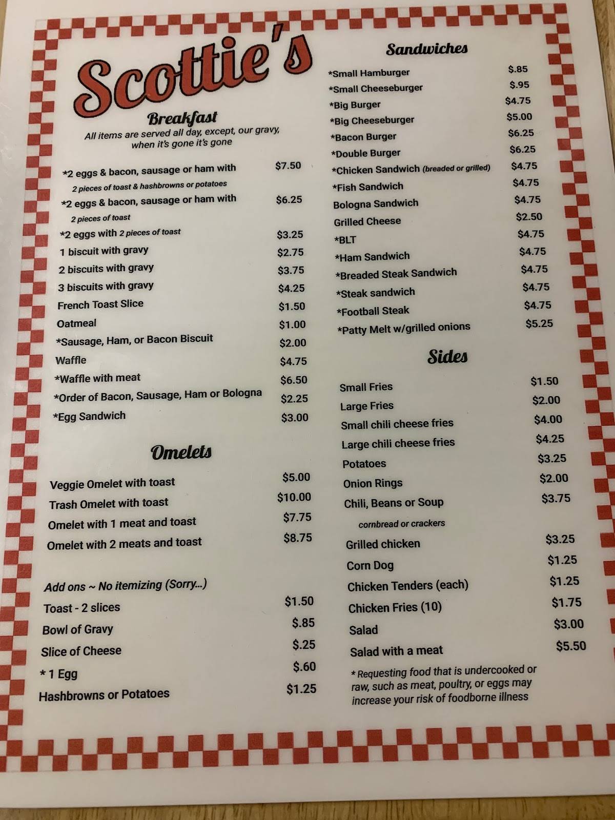 Menu at Scotties of Powell restaurant, Powell, Clinton Hwy
