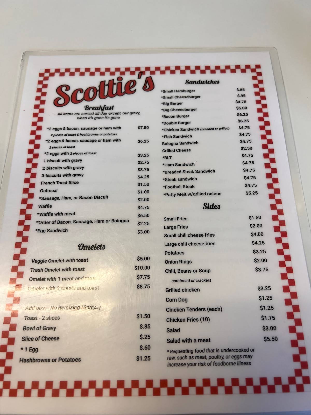 Menu at Scotties of Powell restaurant, Powell, Clinton Hwy