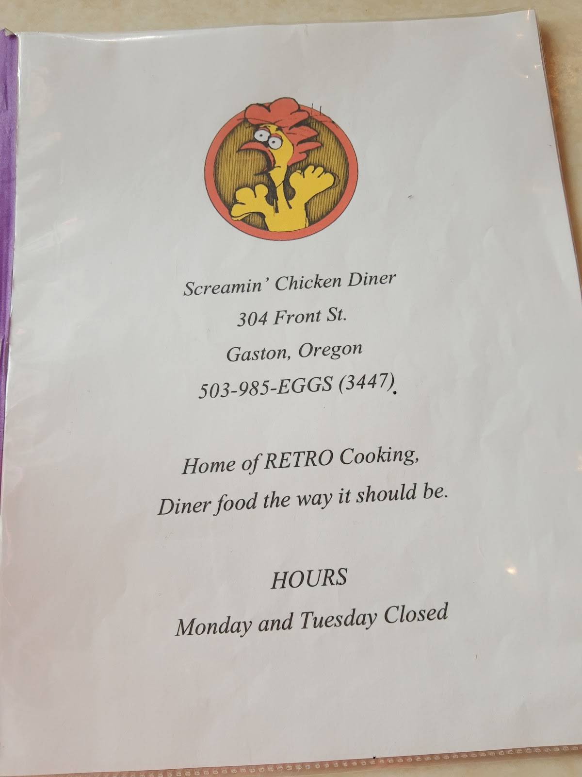 Menu at Screamin' Chicken Diner restaurant, Gaston