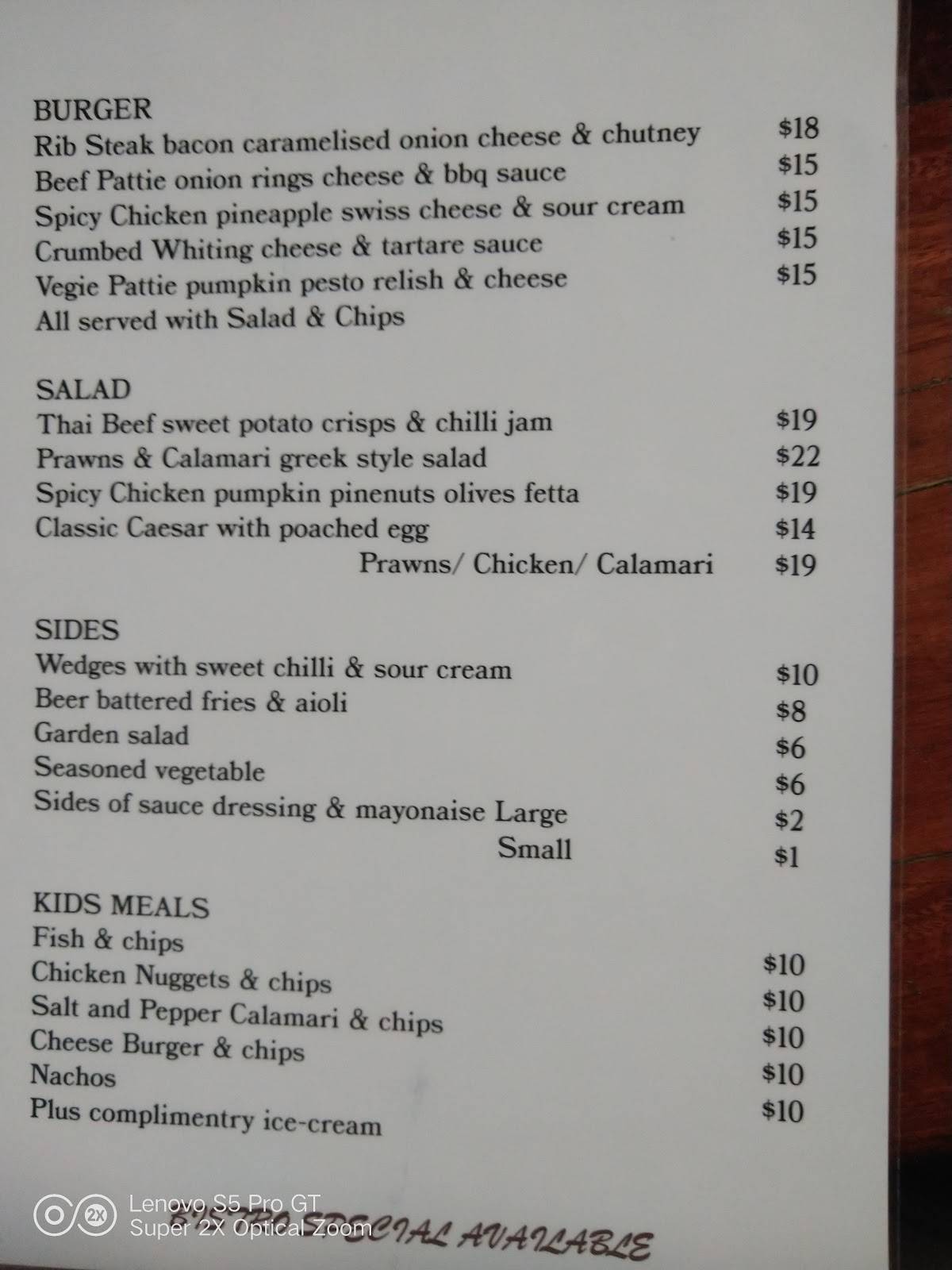 Menu at Sedgers Reef Bistro pub & bar, Iluka