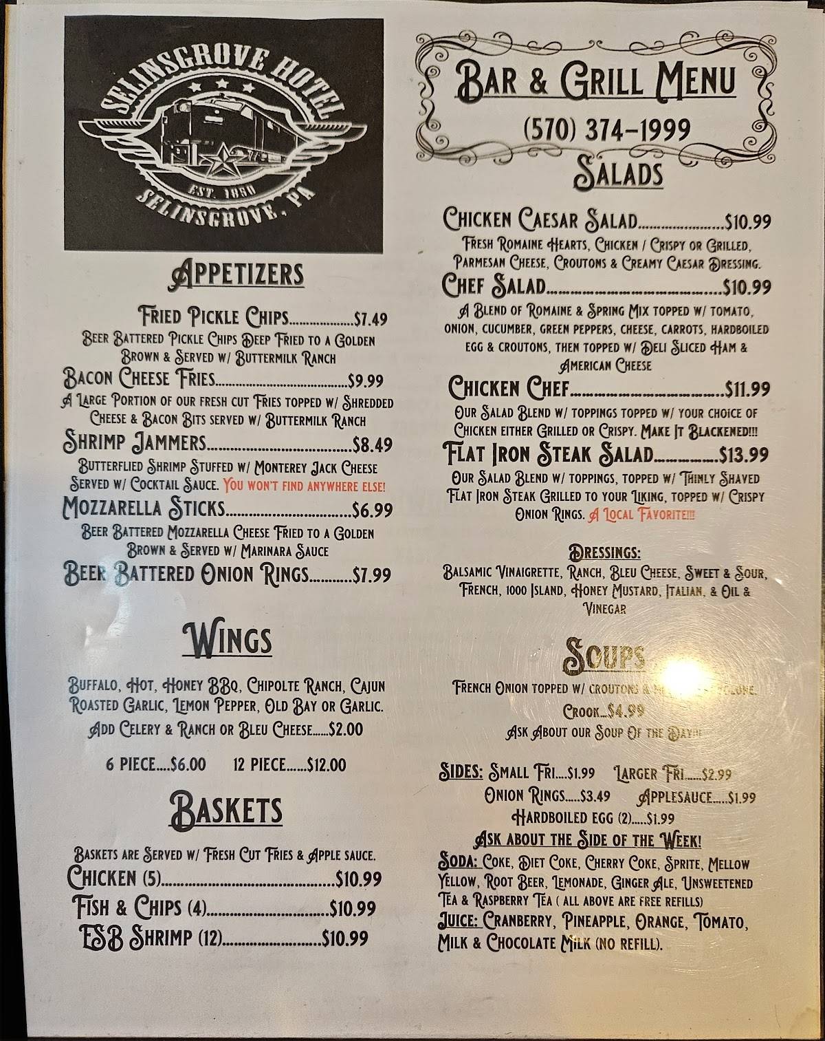 Menu at Selinsgrove Hotel Bar & Grill, Selinsgrove