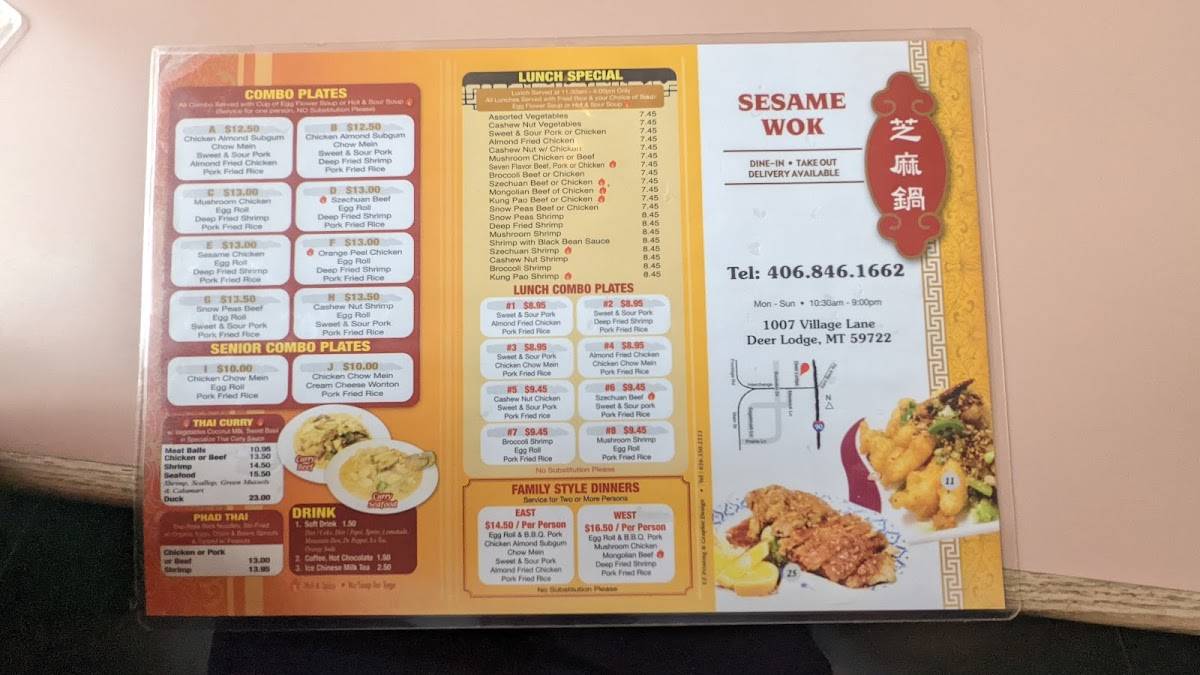Menu at Sesame Wok restaurant, Deer Lodge