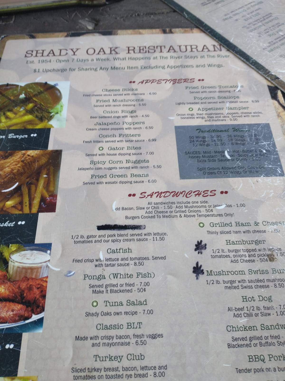 Menu at Shady Oak Restaurant, DeLand, New York Ave W