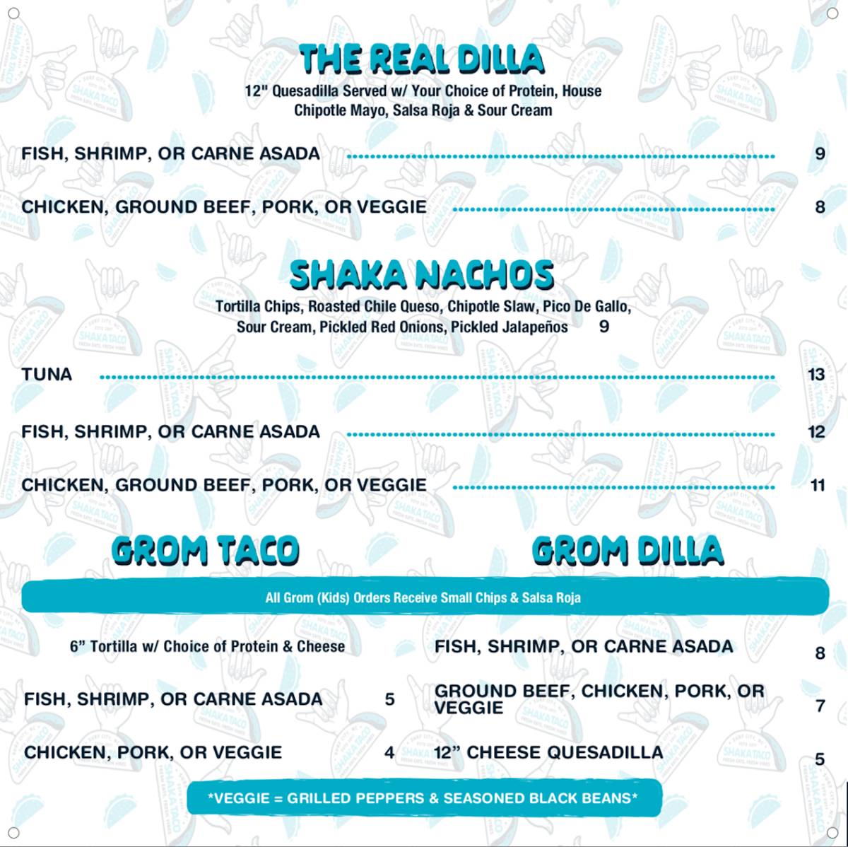 Menu at Shaka Taco Hampstead restaurant, Hampstead