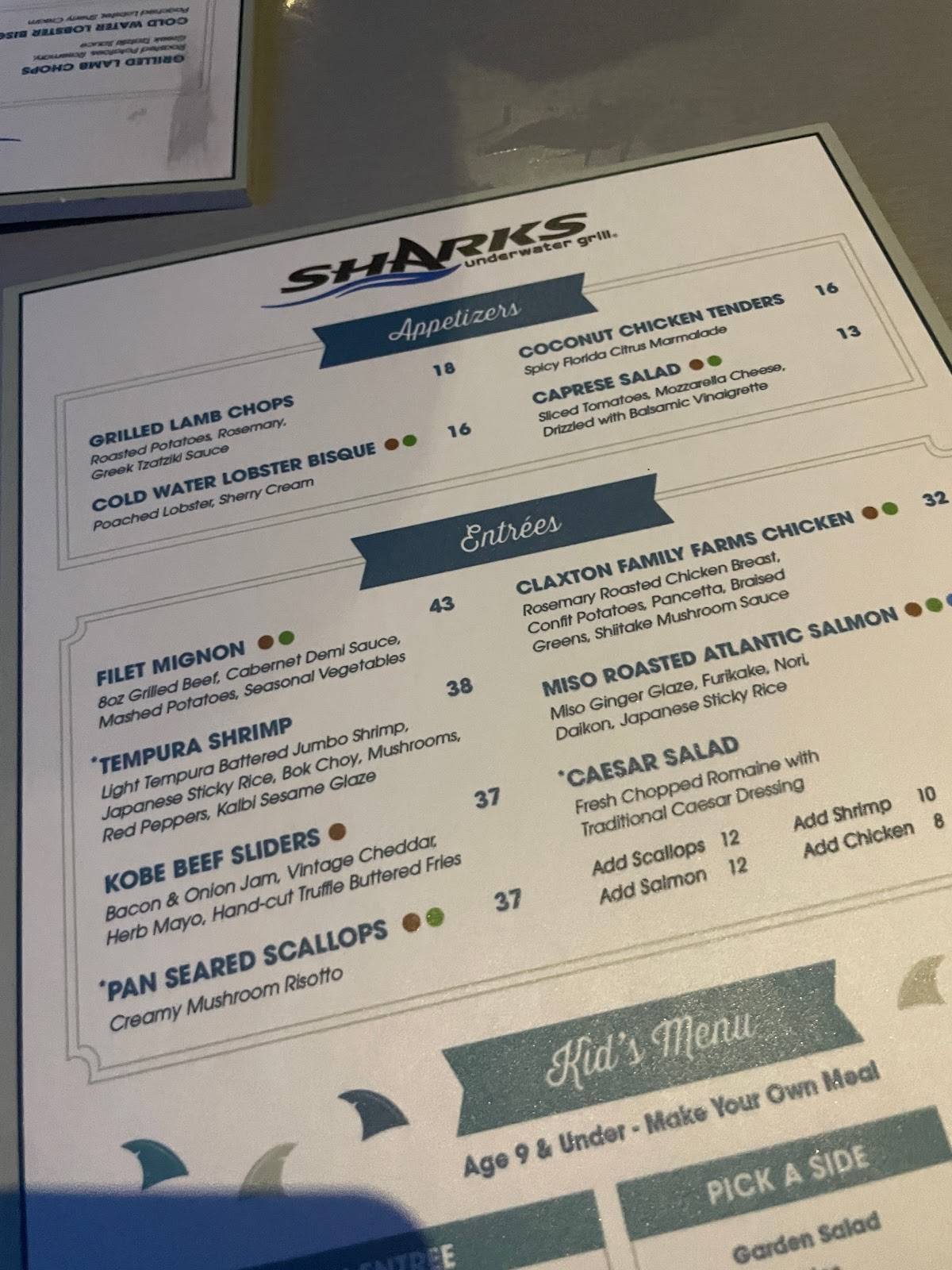 Menu at Sharks Underwater Grill pub & bar, Orlando