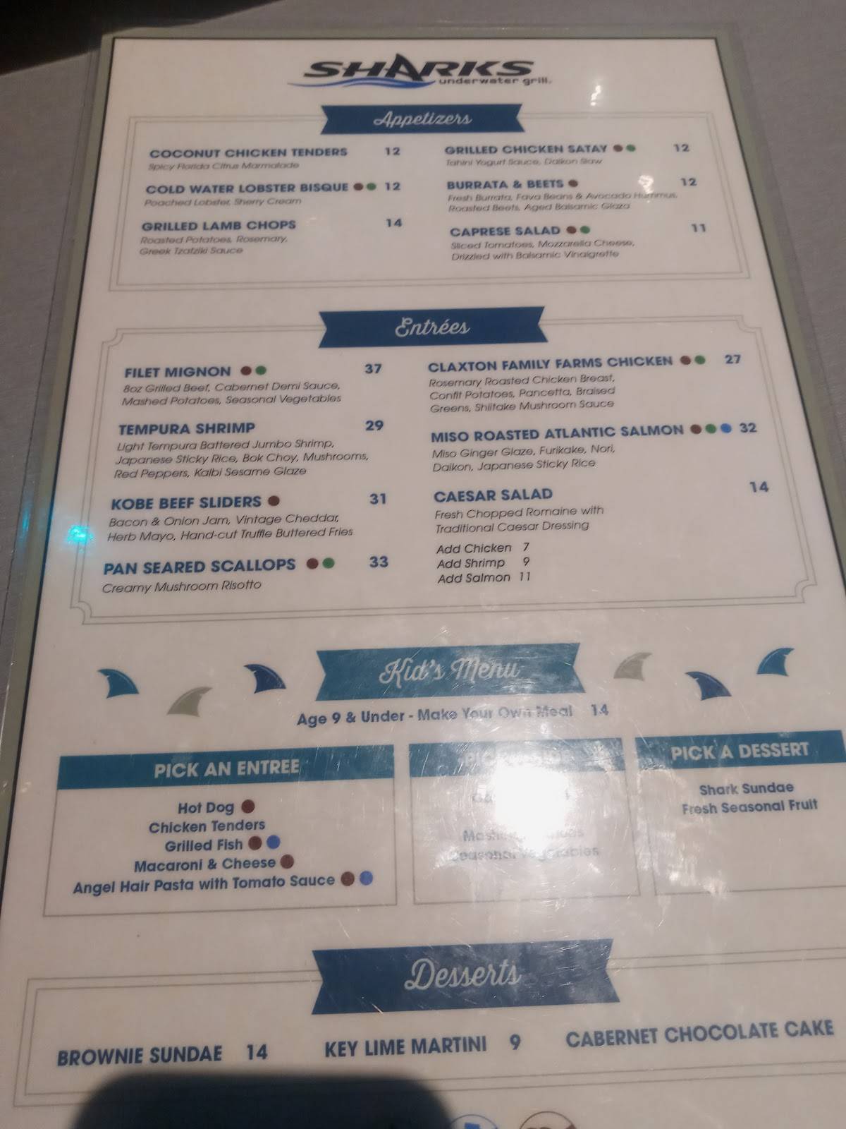 Menu at Sharks Underwater Grill pub & bar, Orlando