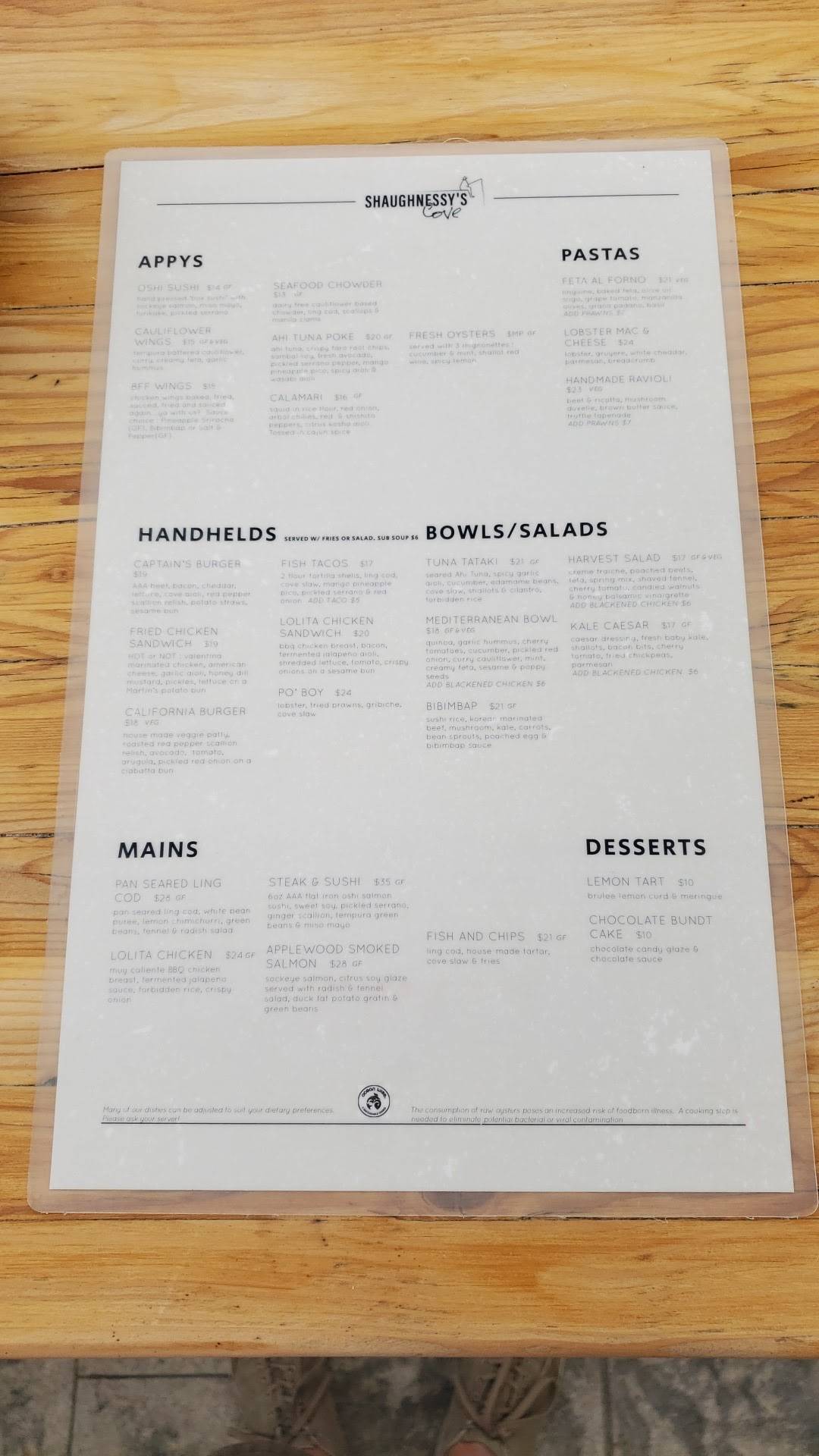 Menu at Shaughnessy's Cove restaurant, Summerland
