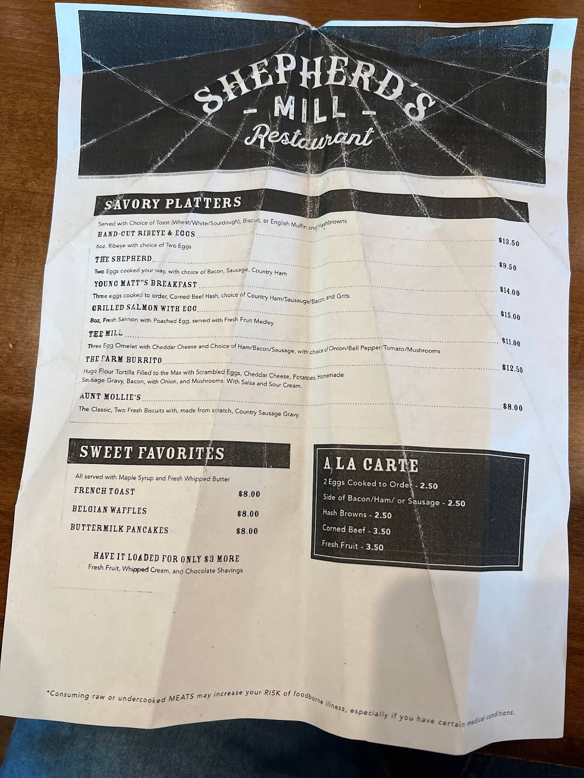 Menu at Shepherd’s Grill restaurant, Branson