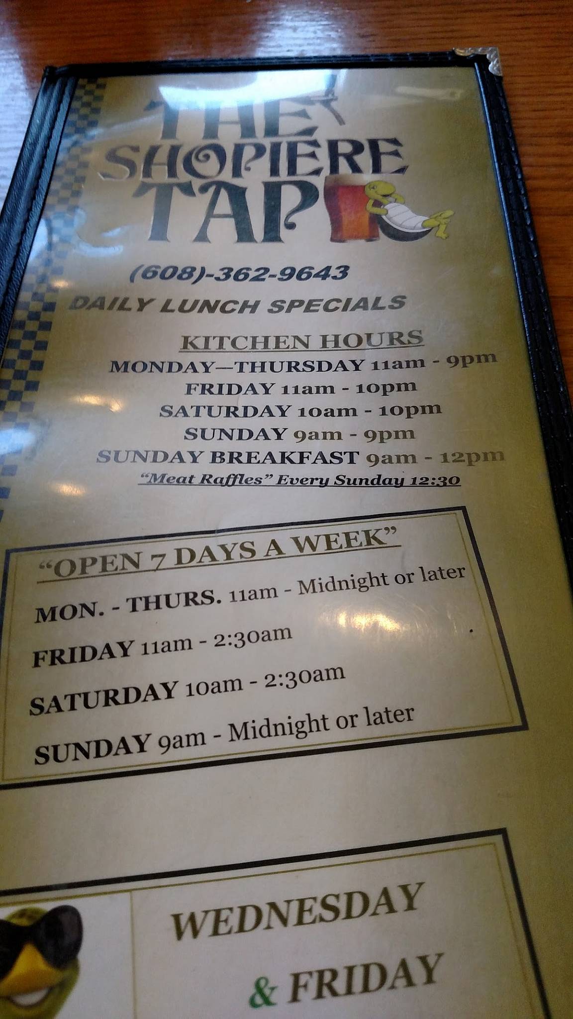 Menu at The Shopiere Tap pub & bar, Shopiere, E County Rd J