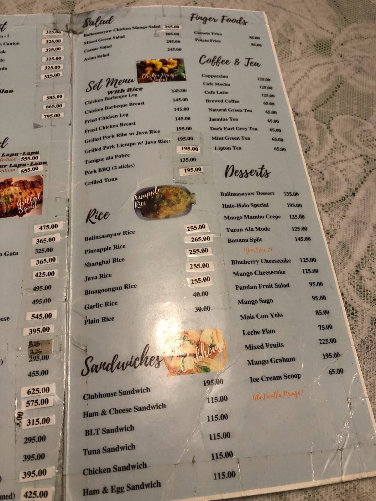 Menu at Balinsasayaw restaurant, Silang, KM44 Emilio Aguinaldo Hwy