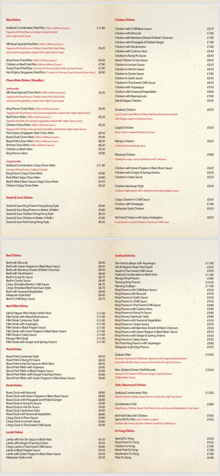 Menu at Silk Road II restaurant, Heacham
