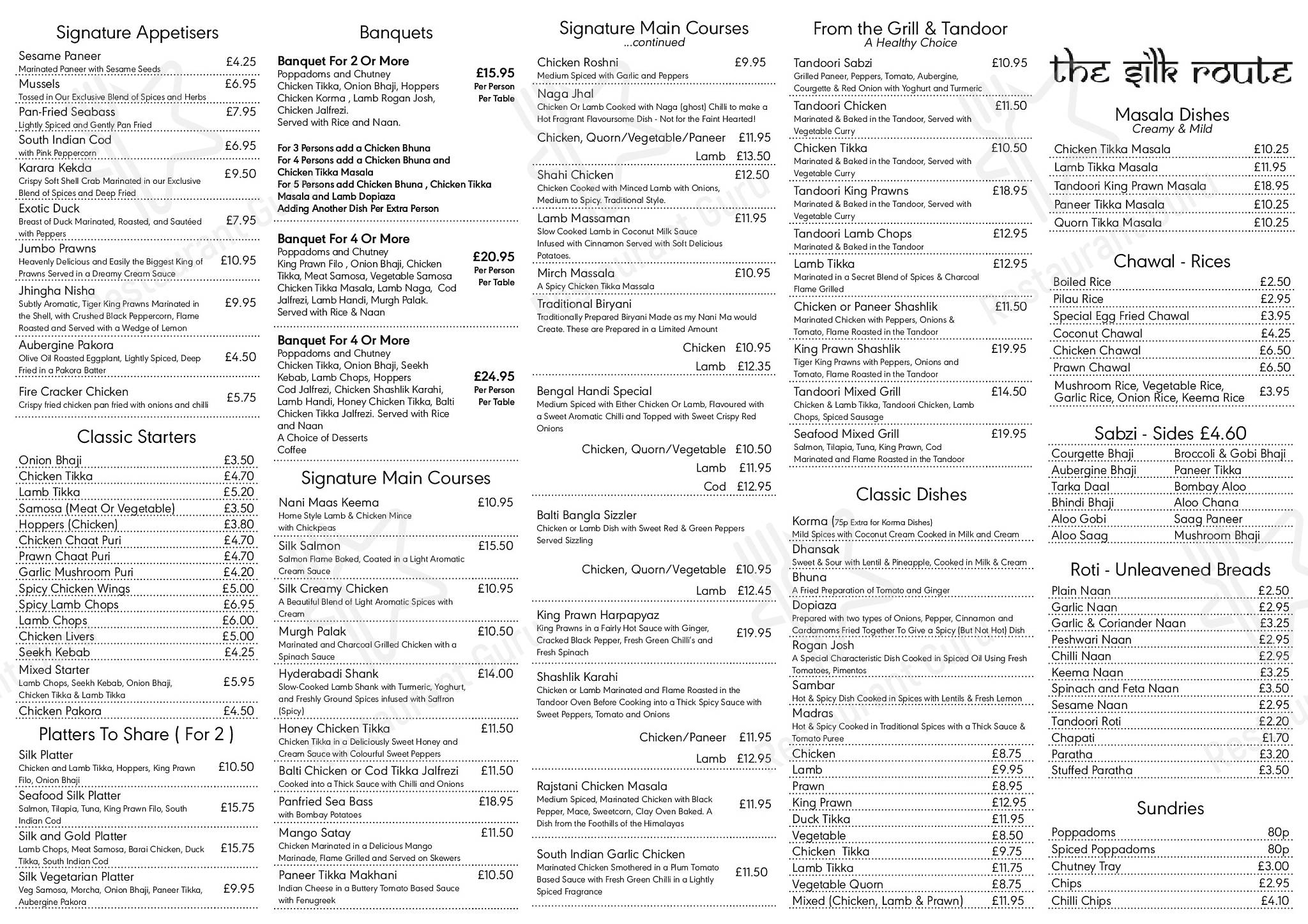 Menu at Silk Route Indian Restaurant, Preston
