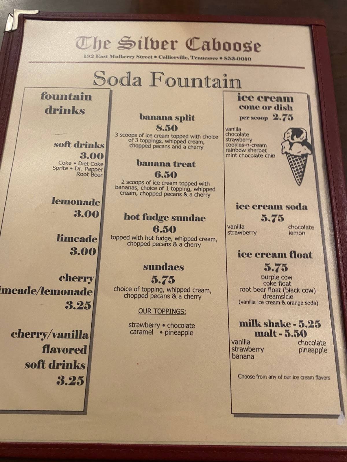 Menu at Silver Caboose Restaurant & Soda Fountain, Collierville